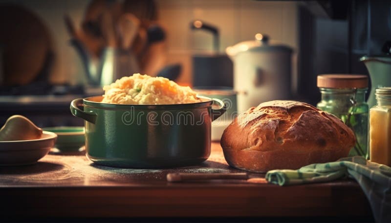 Homemade Casserole, Fresh Bread Rustic Lunch Spread Generated by AI ...