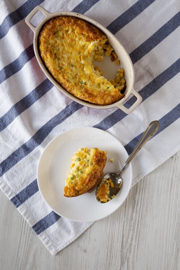 Homemade Cheddar Corn Pudding Casserole, Overhead View. Flat Lay, Top ...