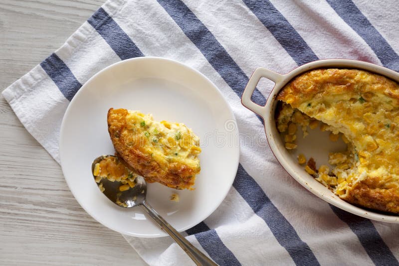 Homemade Cheddar Corn Pudding Casserole, View from Above. Flat Lay, Top ...