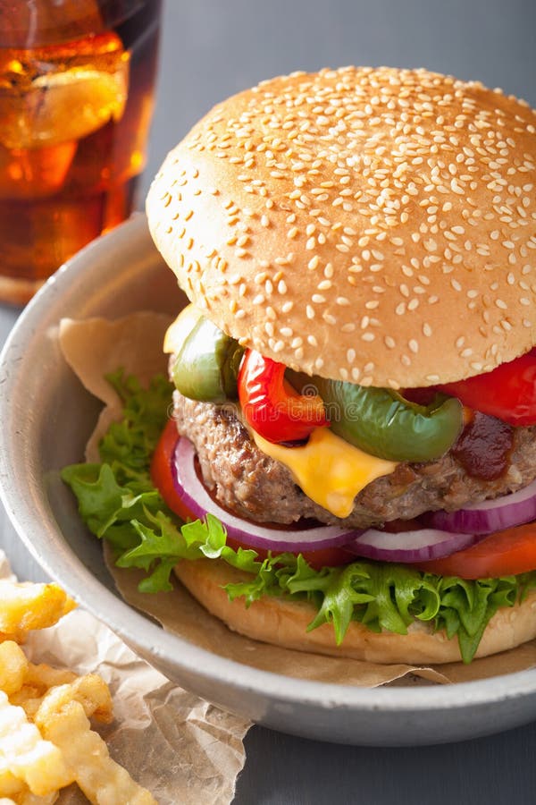 Homemade Cheese Burger with Peppers Tomato Onion Stock Photo - Image of ...
