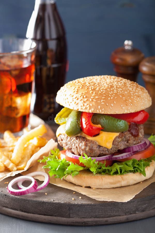 Homemade Cheese Burger with Peppers Tomato Onion Stock Photo - Image of ...