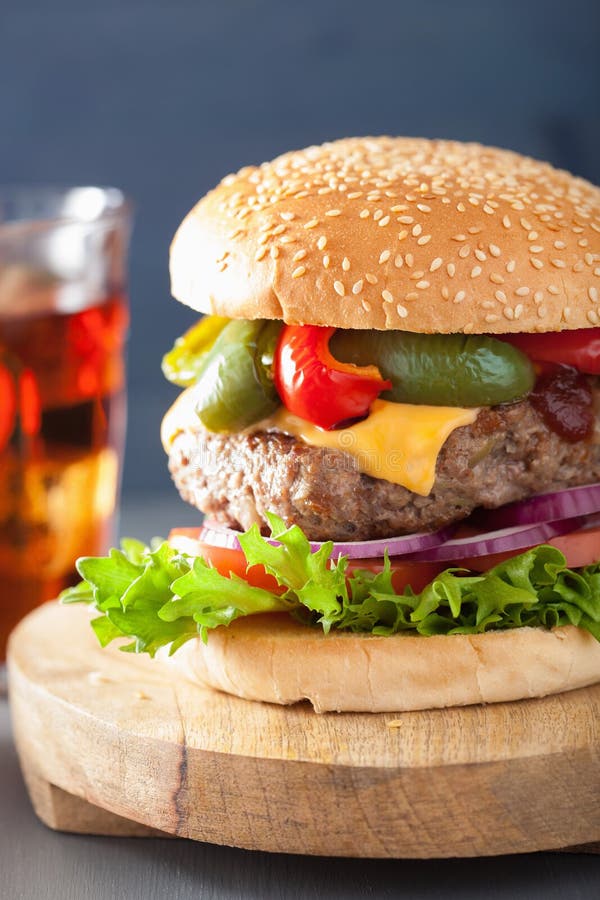 Homemade Cheese Burger with Peppers Tomato Onion Stock Image - Image of ...