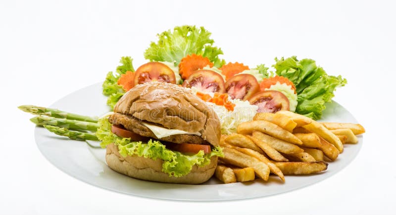 Homemade Cheese Chicken Burger with Fresh Salad on Plate. Stock Photo ...
