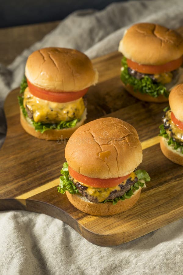 Homemade Cheeseburger Sliders with Tomato Stock Photo - Image of burger ...