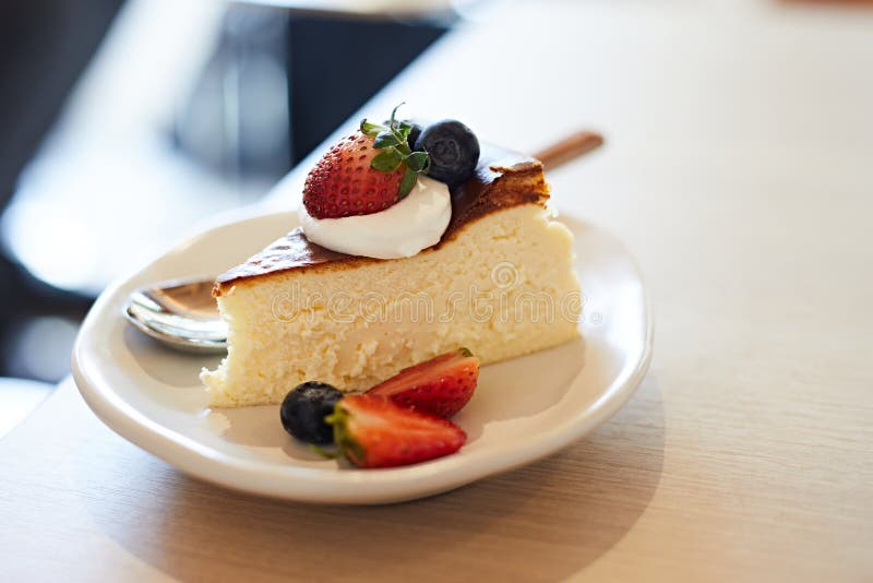 Homemade Cheesecake on Wood Table in Cafe Stock Image - Image of ...