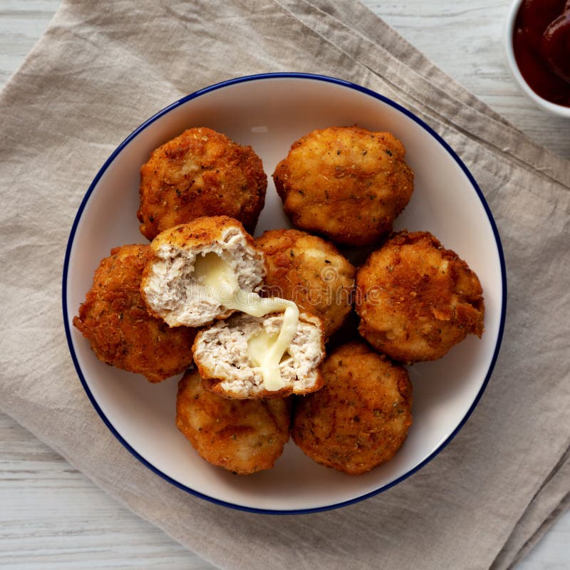 Homemade Cheesy Chicken Nuggets with Ketchup, Top View Stock Photo ...