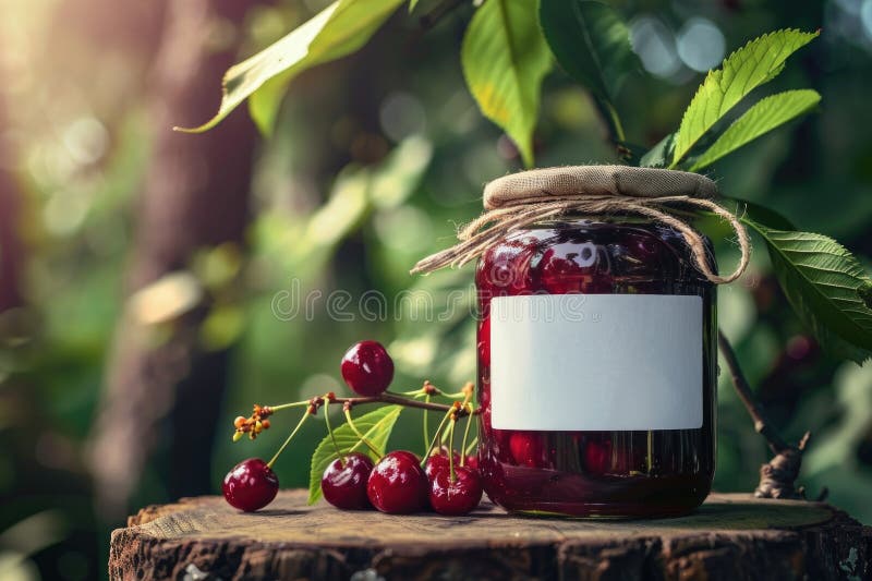 Homemade Cherry Jam in Glass Jar with Blank Label in Rustic Setting ...
