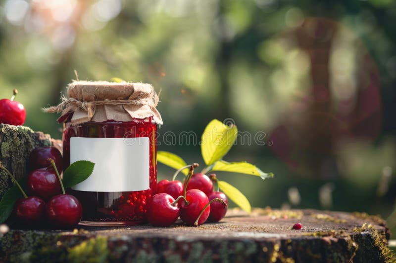 Homemade Cherry Jam in Glass Jar with Blank Label in Rustic Setting ...