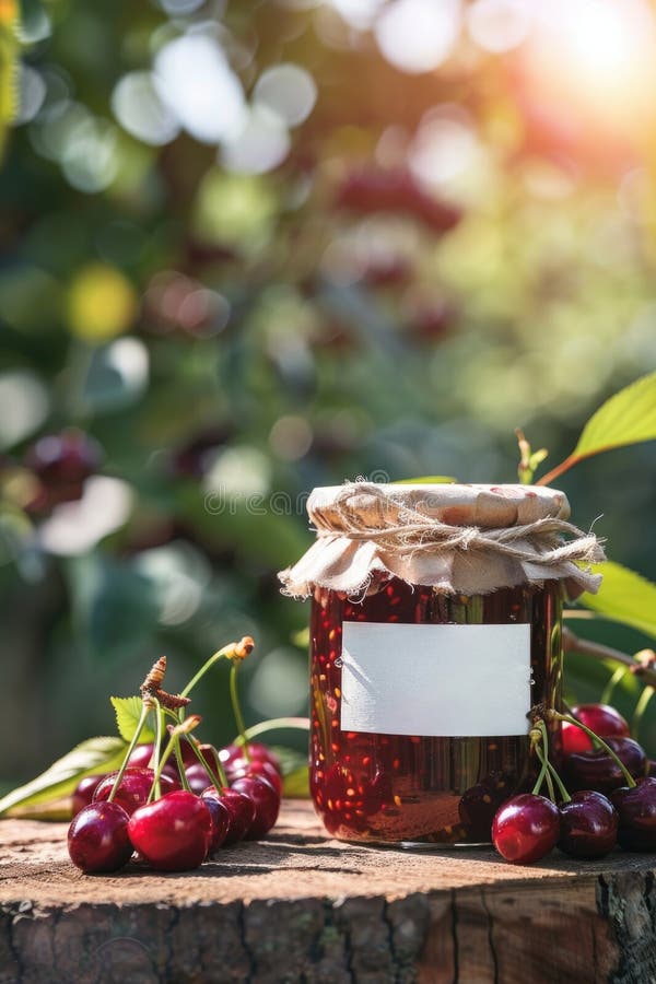Homemade Cherry Jam in Glass Jar with Blank Label in Rustic Setting ...