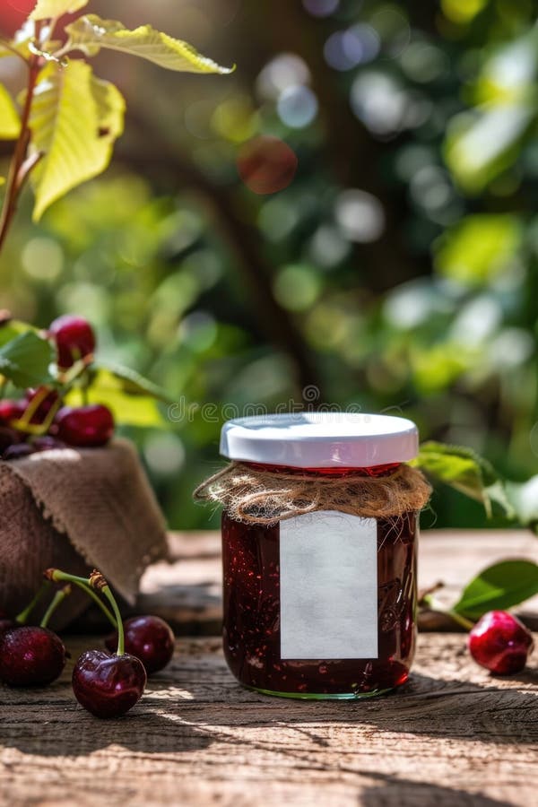 Homemade Cherry Jam in Glass Jar with Blank Label in Rustic Setting ...