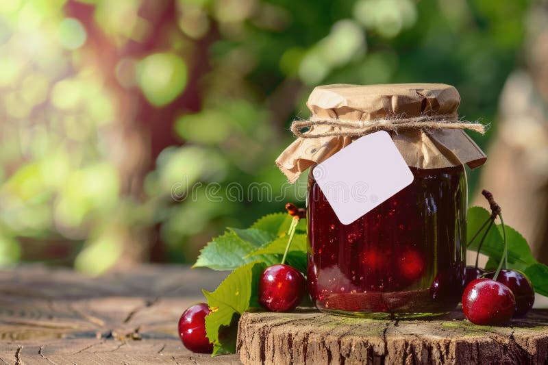 Homemade Cherry Jam in Glass Jar with Blank Label in Rustic Setting ...