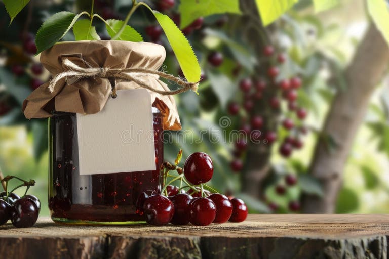 Homemade Cherry Jam in Glass Jar with Blank Label in Rustic Setting ...