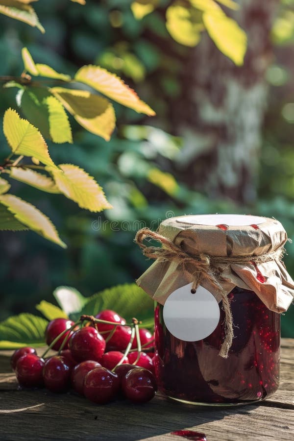 Homemade Cherry Jam in Glass Jar with Blank Label in Rustic Setting ...