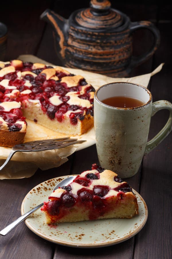 Homemade Cherry Pie with Tea Cup on Wooden Table Stock Image - Image of ...
