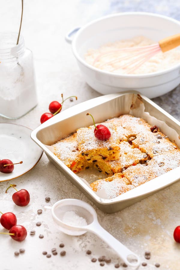 Homemade Cherry Sponge Cake with Chocolate Drops Stock Photo - Image of ...