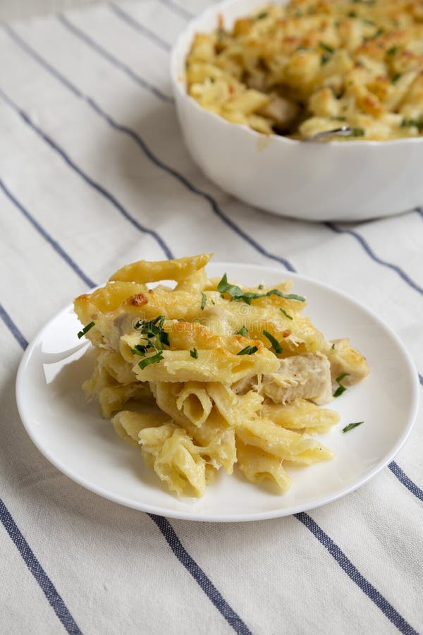 Homemade Chicken Alfredo Pasta Bake with Parsley, Side View Stock Image ...
