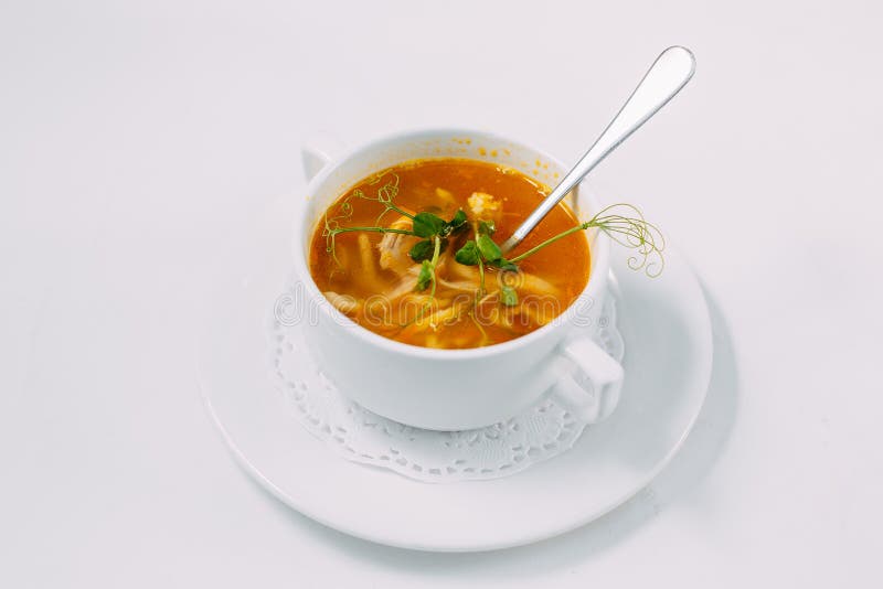 Homemade Chicken Noodle Soup Isolated on a White Background Stock Photo ...