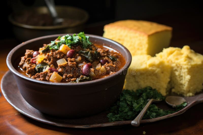 Homemade Chili in a Rustic Bowl with Cornbread Stock Illustration ...
