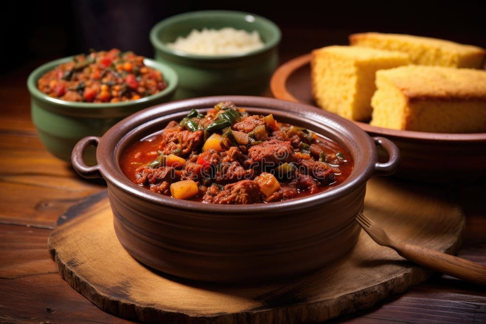 Homemade Chili in a Rustic Bowl with Cornbread Stock Photo - Image of ...