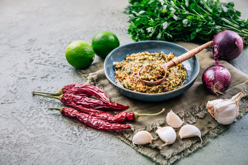 Homemade Chimichurri Paste with Ingredients in a Bowl Stock Image ...