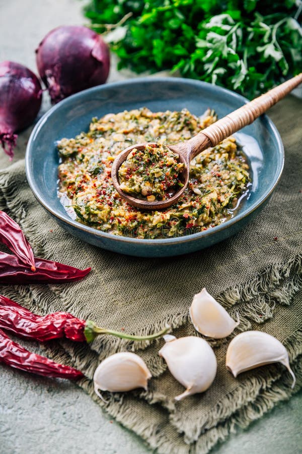 Homemade Chimichurri Paste with Ingredients in a Bowl Stock Photo ...