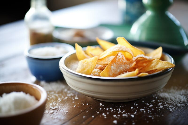 Homemade Chips in a Ceramic Dish with Sea Salt Stock Illustration ...