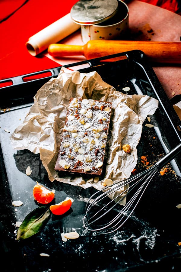 Homemade Chocolate Bar with Nuts, Coconut on Oven-tray Stock Photo ...