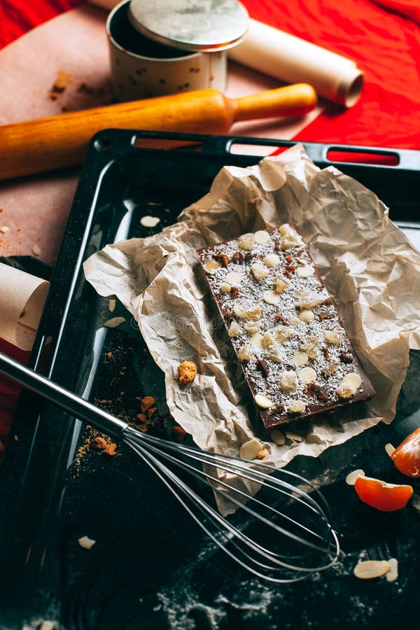 Homemade Chocolate Bar with Nuts, Coconut on Oven-tray Stock Photo ...