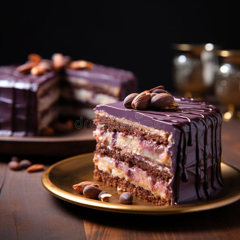 Homemade Chocolate Cake Slice on Rustic Wooden Plate Generated by AI ...