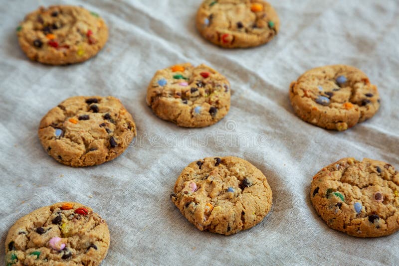 Homemade Chocolate Chip Candy Cookies, Side View Stock Image - Image of ...