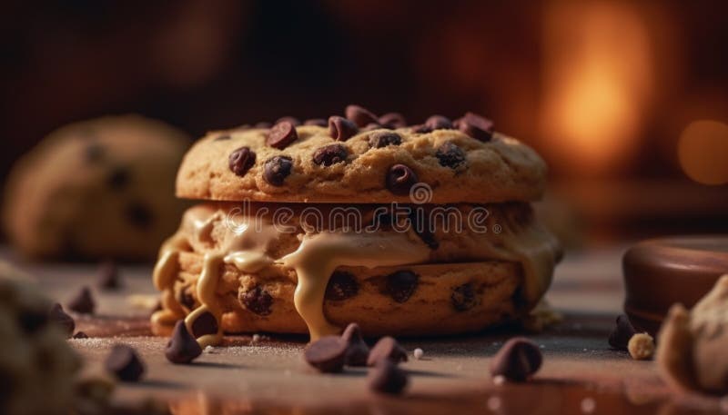 Homemade Chocolate Chip Cookie Stack, Indulgent Dessert on Rustic Table ...
