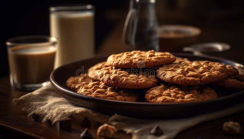 Homemade Chocolate Chip Cookie Stack on Rustic Wooden Table Generated ...