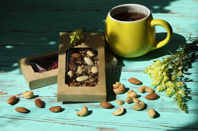 Homemade Chocolate with Cup of Coffee and Nuts Stock Photo - Image of ...