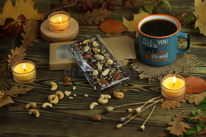 Homemade Chocolate with Cup of Coffee and Nuts Stock Image - Image of ...