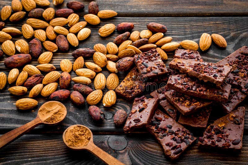Homemade Chocolate. Pieces, Nuts on Wooden Table Stock Photo - Image of ...