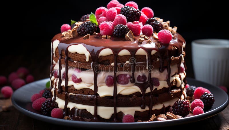 Homemade Chocolate Raspberry Dessert on Wooden Table Generated by AI ...