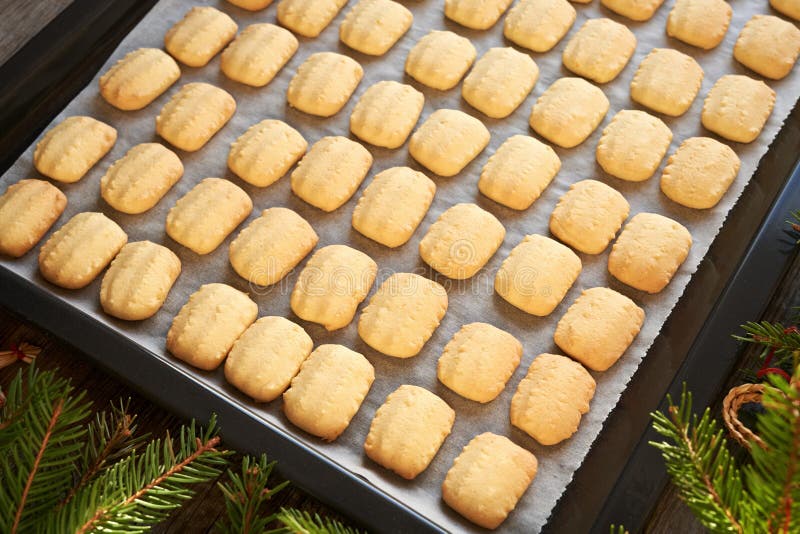 Homemade Christmas Cookies on a Baking Sheet on a Table Stock Image ...