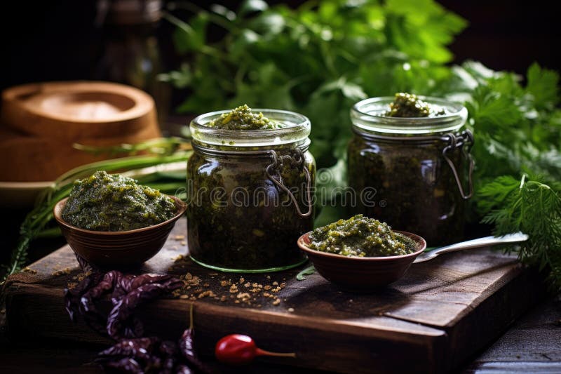 Homemade Chutney in Rustic Jars with Fresh Herbs Stock Illustration ...