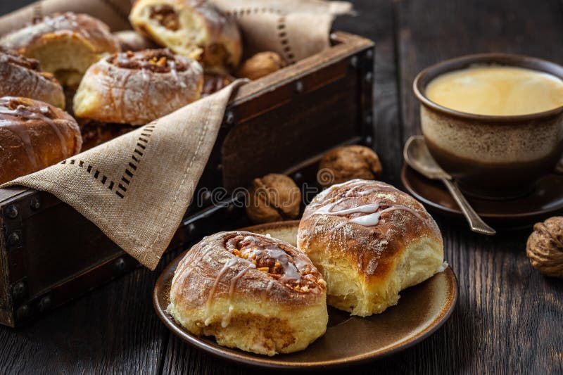 Homemade Cinnamon and Walnut Swirl Buns. Stock Photo - Image of ...