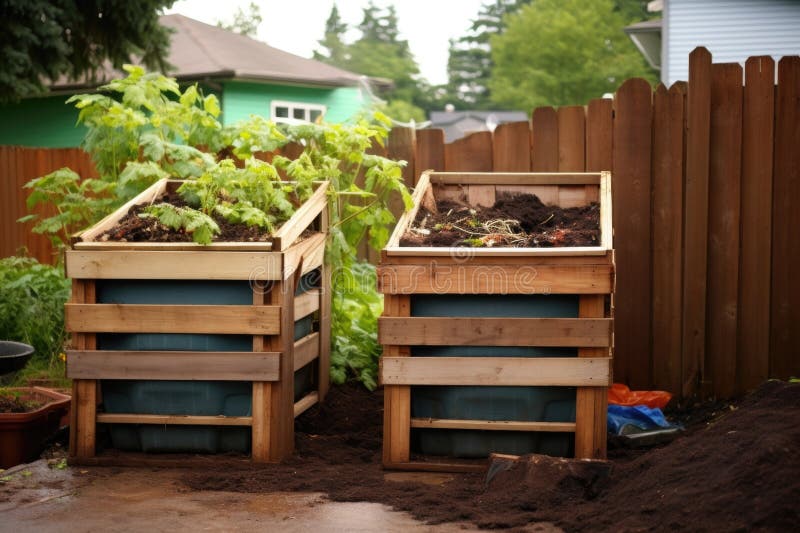 Homemade Compost Bins Filled with Organic Waste Stock Illustration ...