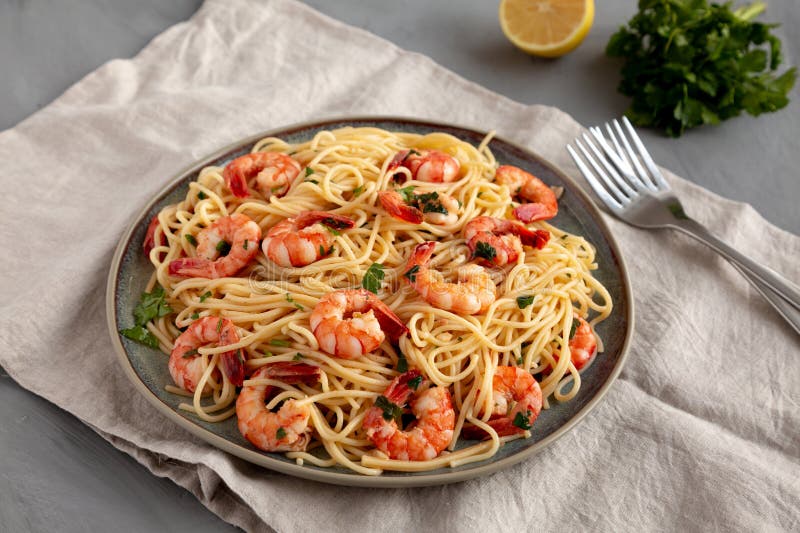 Homemade Cooked Garlic Shrimp Scampi on a Plate, Side View Stock Photo ...