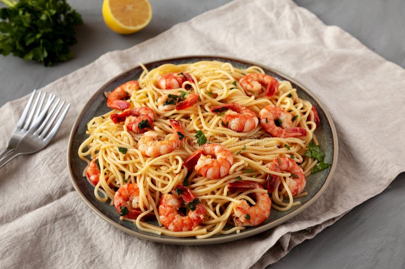 Homemade Cooked Garlic Shrimp Scampi on a Plate, Side View Stock Image ...