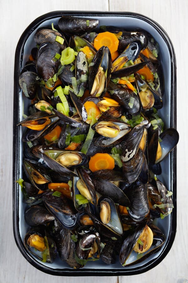Homemade cooked mussels stock photo. Image of leek, prepared - 68387478