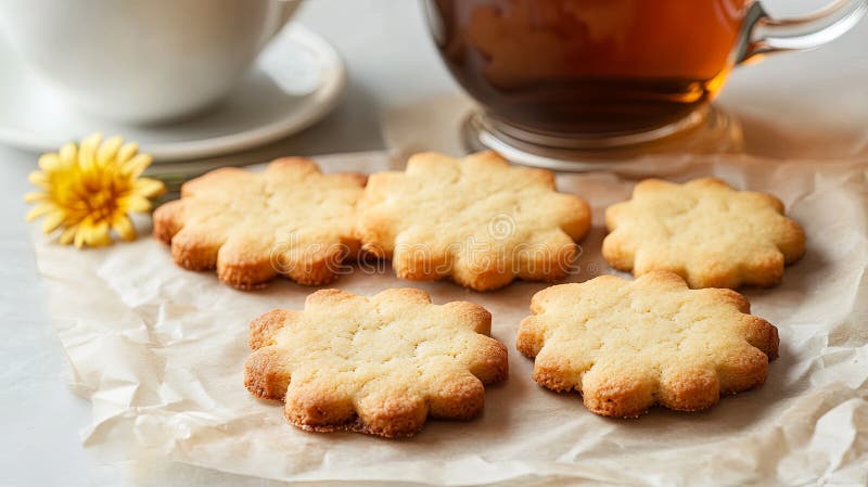 Homemade Cookies Cooling on a Parchment Paper with a Cup of Tea. Stock ...
