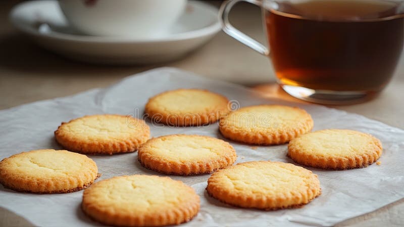 Homemade Cookies Cooling on a Parchment Paper with a Cup of Tea. Stock ...