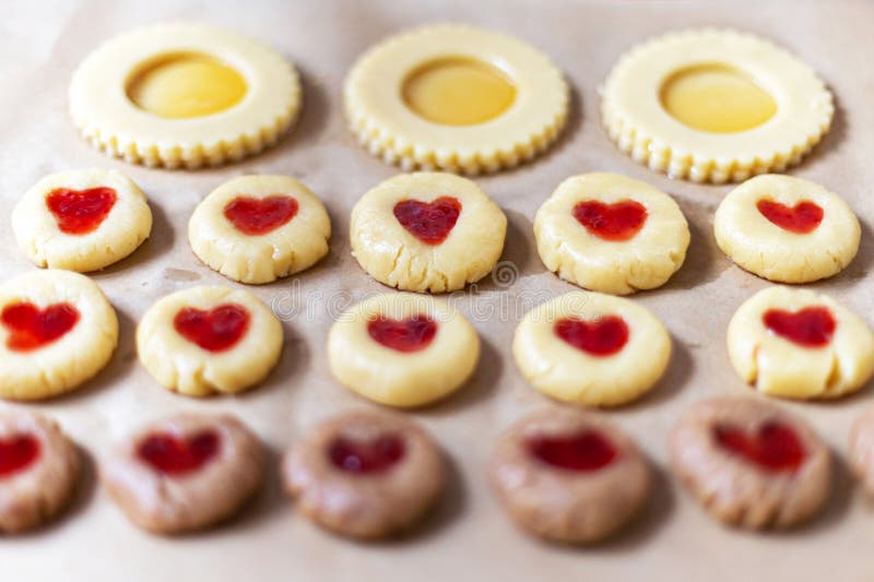 Homemade Cookies with Jam on a Baking Sheet. Preparation for Baking ...