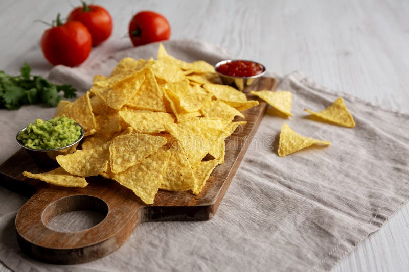 Homemade Corn Tortilla Chips with Tomato Salsa and Guacamole Stock Photo - Image of nacho ...