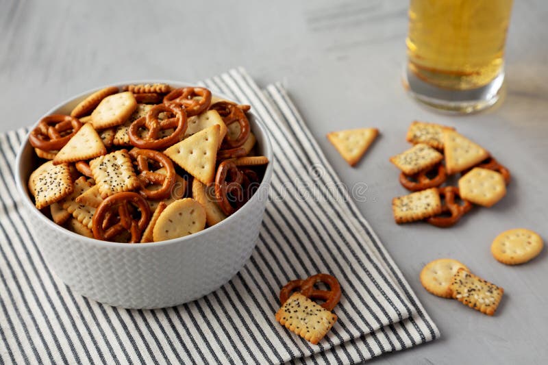 Homemade Cracker Snack Mix with Pretzels in a Bowl, Side View Stock ...