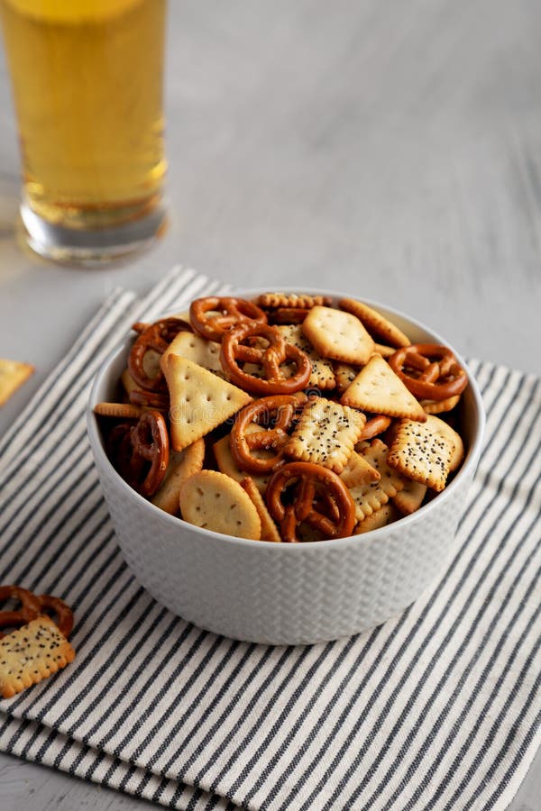Homemade Cracker Snack Mix with Pretzels in a Bowl, Side View Stock ...