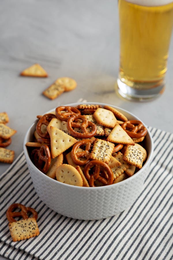 Homemade Cracker Snack Mix with Pretzels in a Bowl, Side View Stock ...